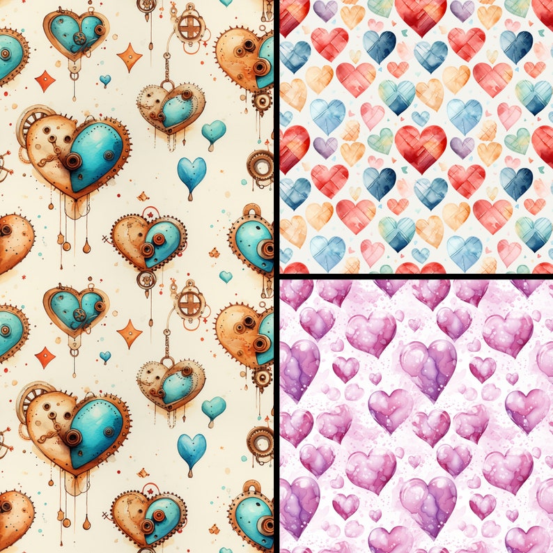 Heart Digital Paper, Watercolor Heart Seamless Pattern, Heart Scrapbook ...
