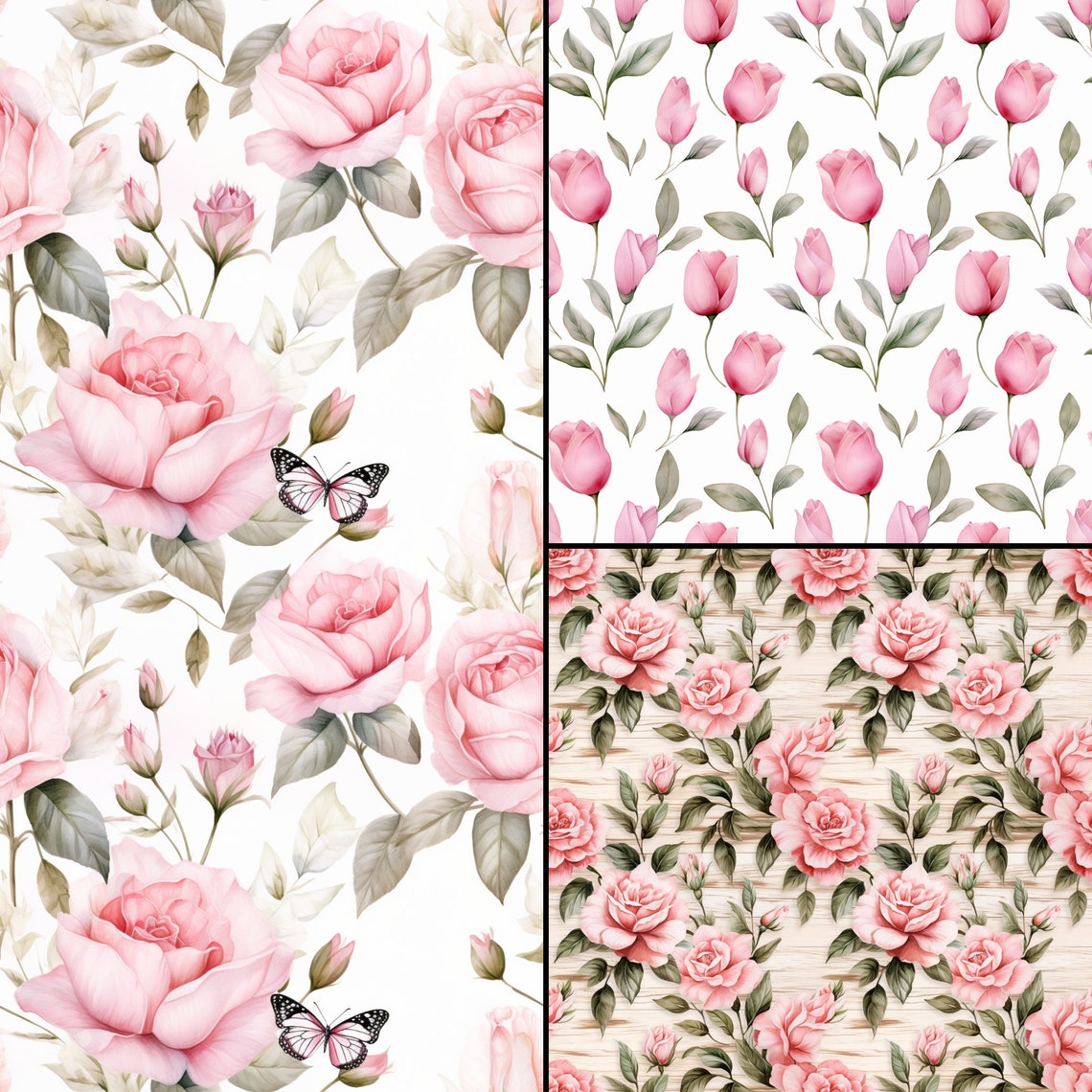 Watercolor Pink Rose Digital Paper: Seamless Floral Backgrounds ...