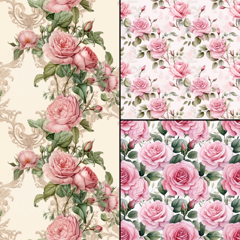 Watercolor Pink Rose Digital Paper: Seamless Floral Backgrounds ...