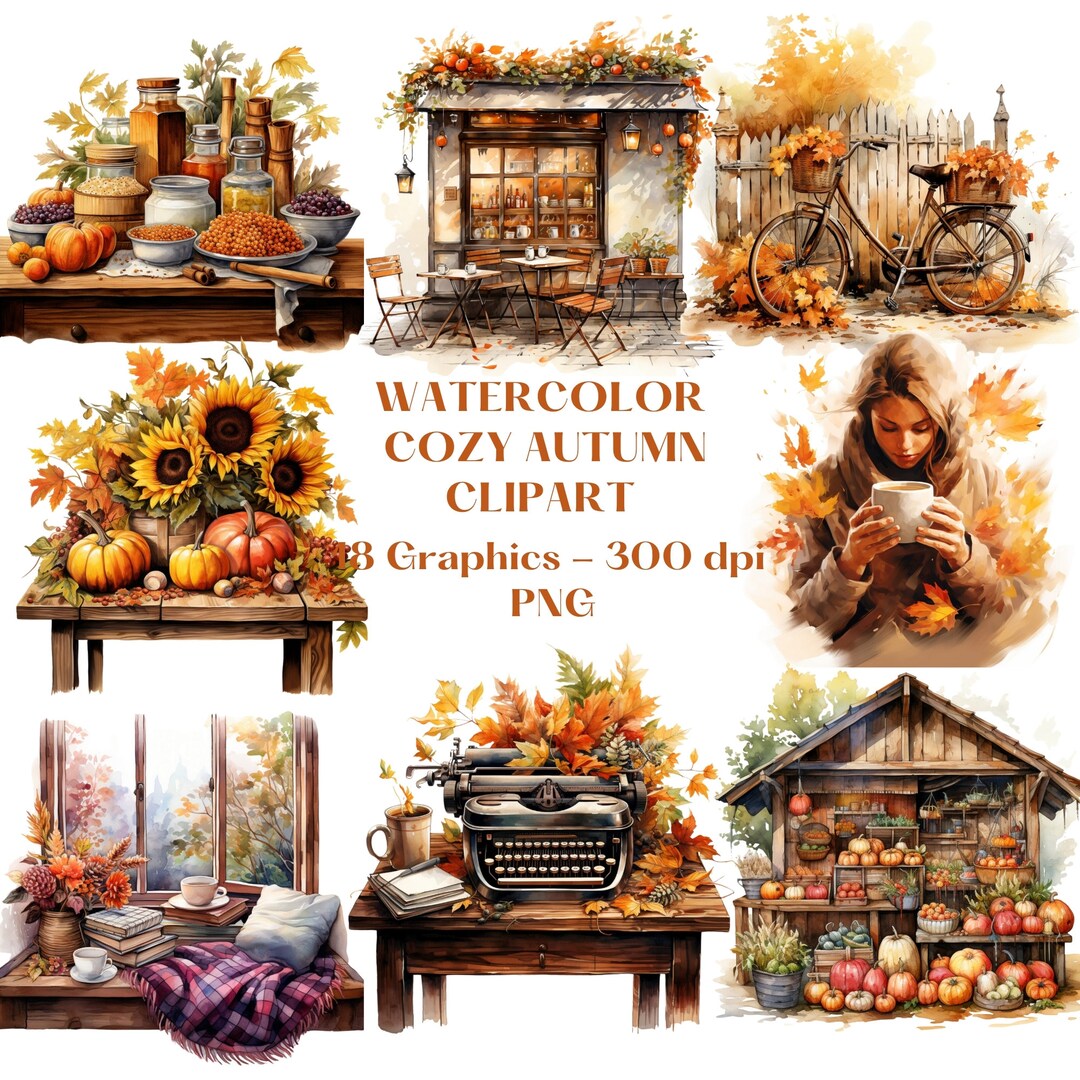 Watercolor Cozy Autumn Clipart, Fall Clipart, PNG Graphics, Cottagecore ...