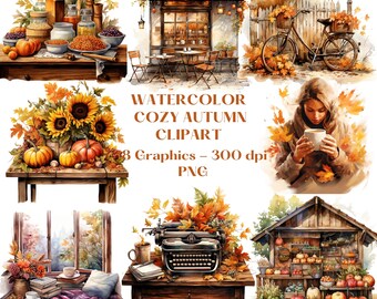 Cozy Autumn, Watercolor Rustic Autumn Clipart, Fall PNG Graphics, Cozy ...
