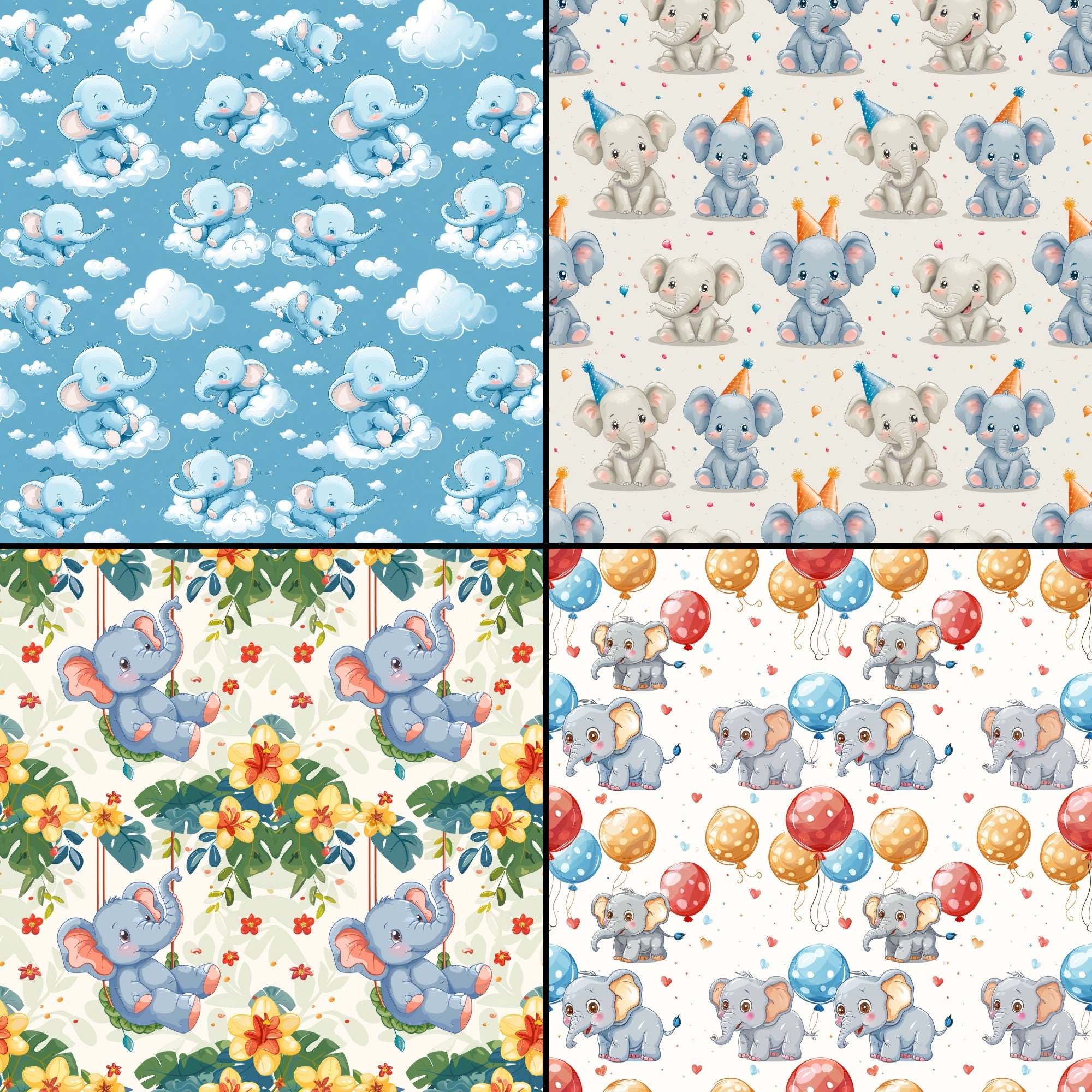 Elephant Digital Paper, Nursery Seamless Pattern, Baby Shower ...