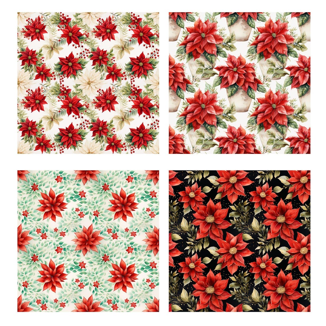 Watercolor Poinsettia Digital Paper, Christmas Floral Digital Paper ...