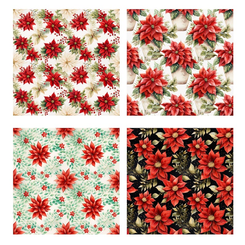 Watercolor Poinsettia Digital Paper, Christmas Floral Digital Paper ...