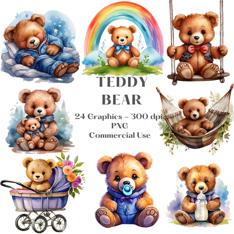 Watercolor Teddy Bear Clipart: Baby Shower PNG (digital Download) - Etsy