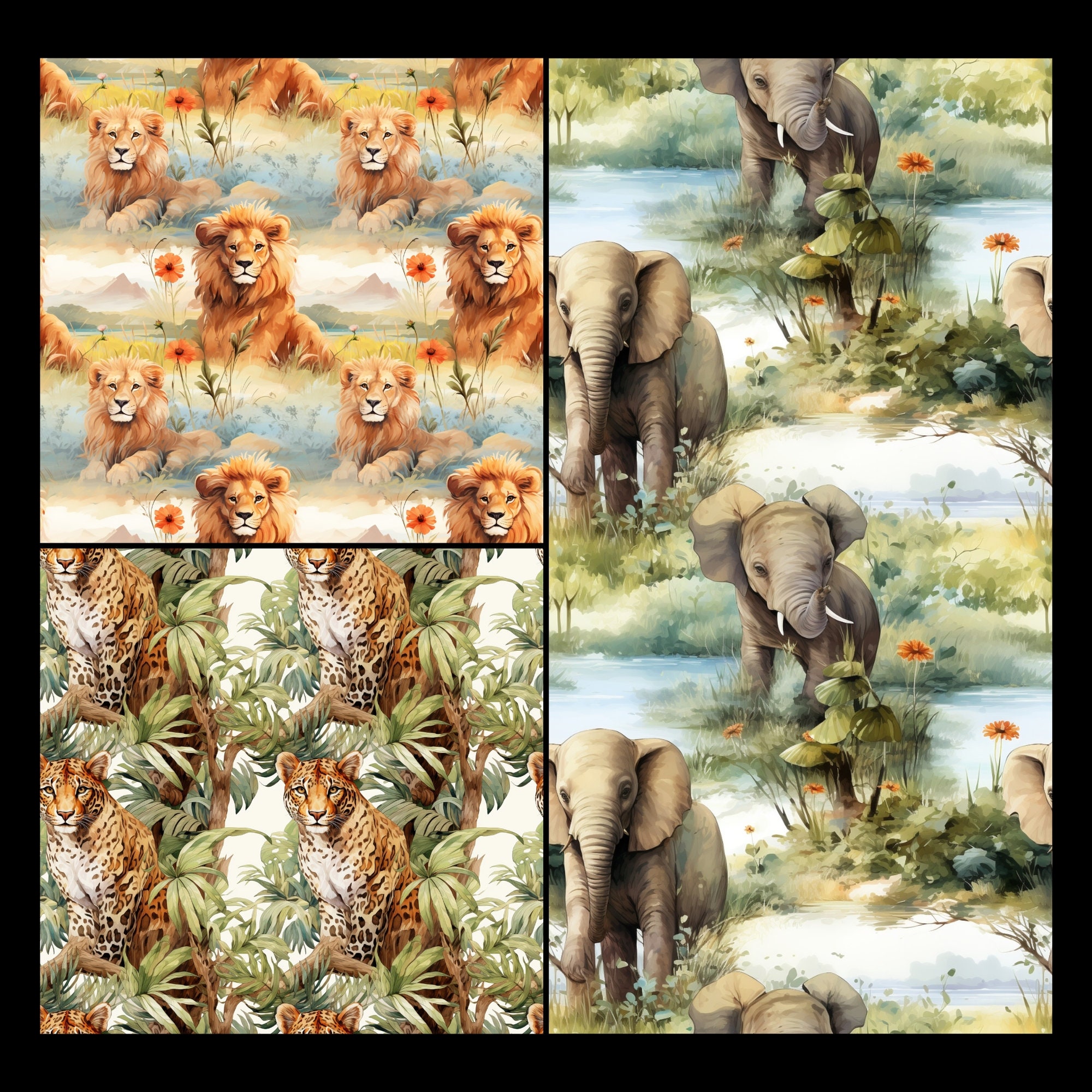 Safari Animals Digital Paper, Watercolor Seamless Animal Patterns ...