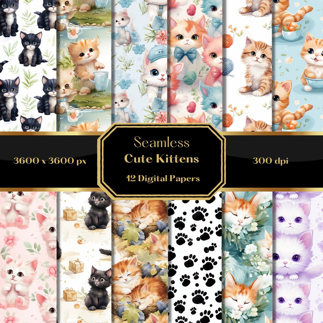 Cat Digital Paper, Cute Kitten Seamless Pattern, Kitten Background ...