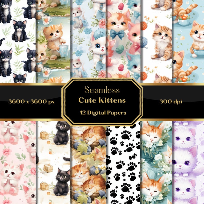 Cat Digital Paper, Cute Kitten Seamless Pattern, Kitten Background ...