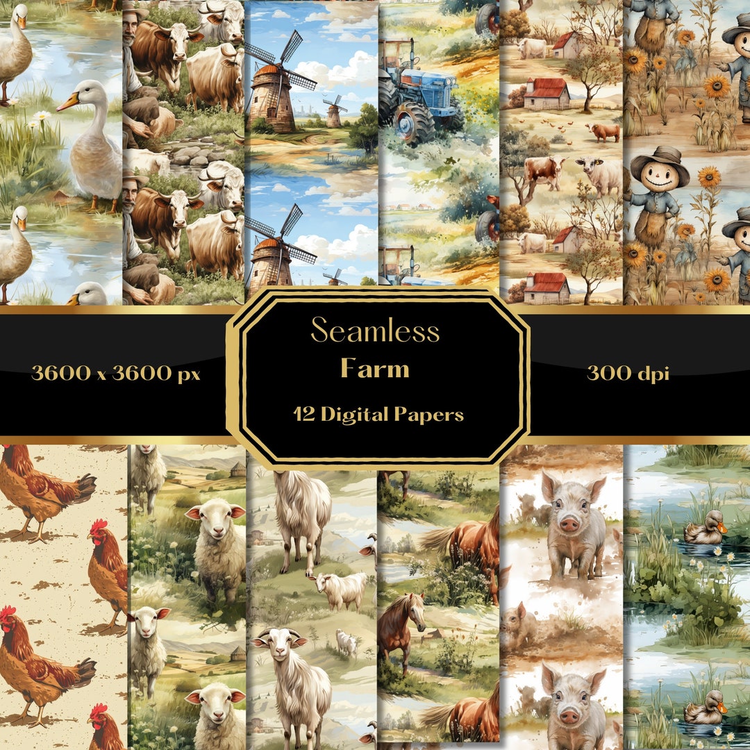 Seamless Farm Digital Paper, Watercolor Cute Farm Animals, Seamless ...