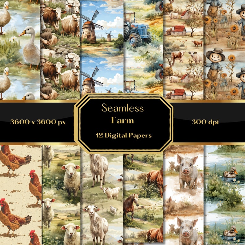 Seamless Farm Digital Paper, Watercolor Cute Farm Animals, Seamless ...