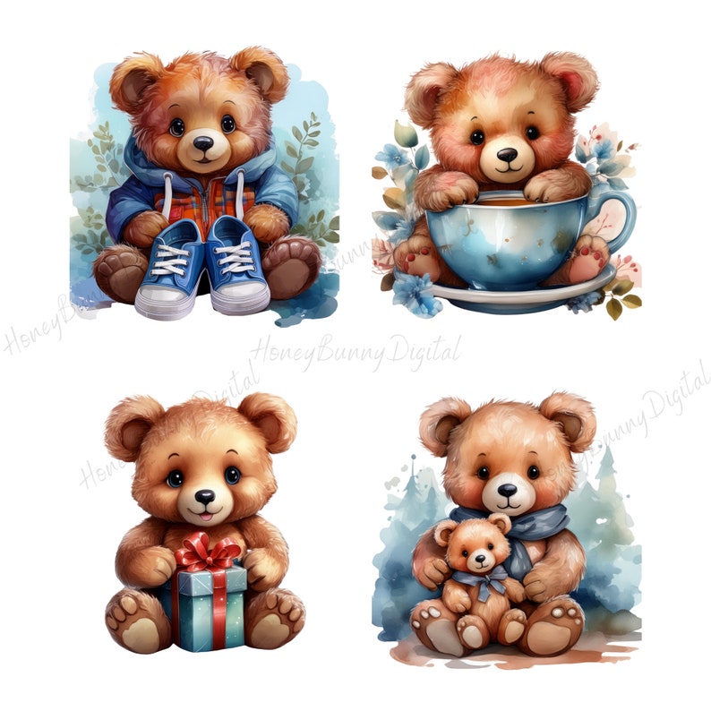 Watercolor Teddy Bear Clipart: Baby Shower PNG (digital Download) - Etsy