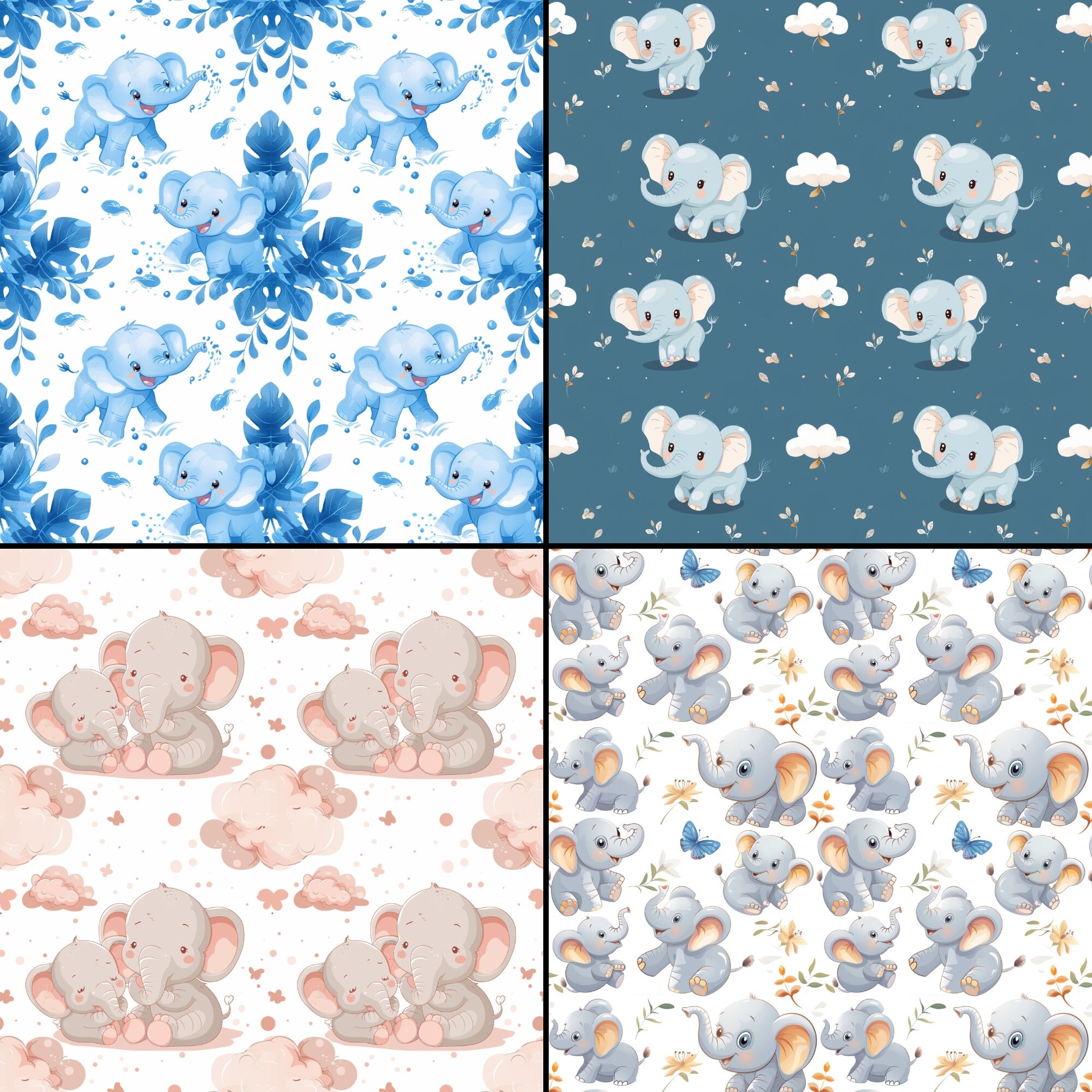 Elephant Digital Paper, Nursery Seamless Pattern, Baby Shower ...