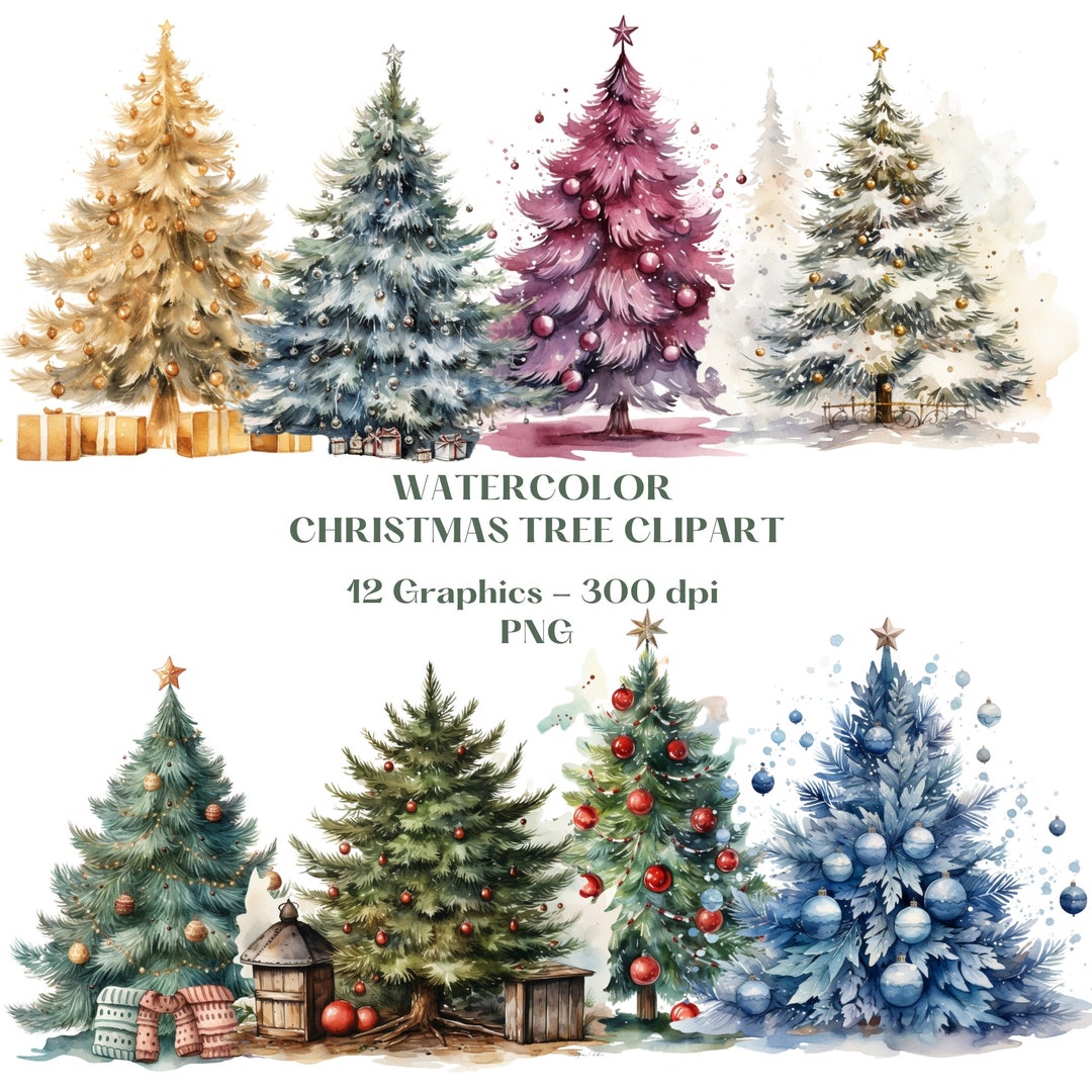 Watercolor Christmas Tree Clipart, Pine Tree Clipart, Winter Clipart ...
