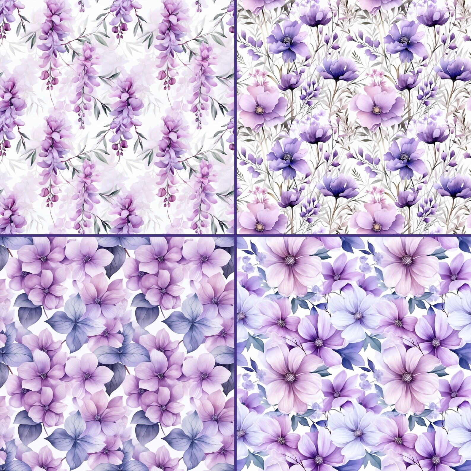 Watercolor Purple Flowers Digital Paper, Floral Pattern, Seamless ...
