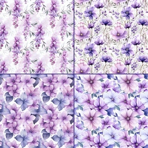 Watercolor Purple Flowers Digital Paper, Floral Pattern, Seamless ...