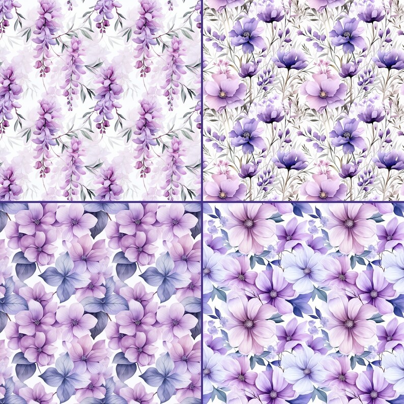 Watercolor Purple Flowers Digital Paper, Floral Pattern, Seamless ...