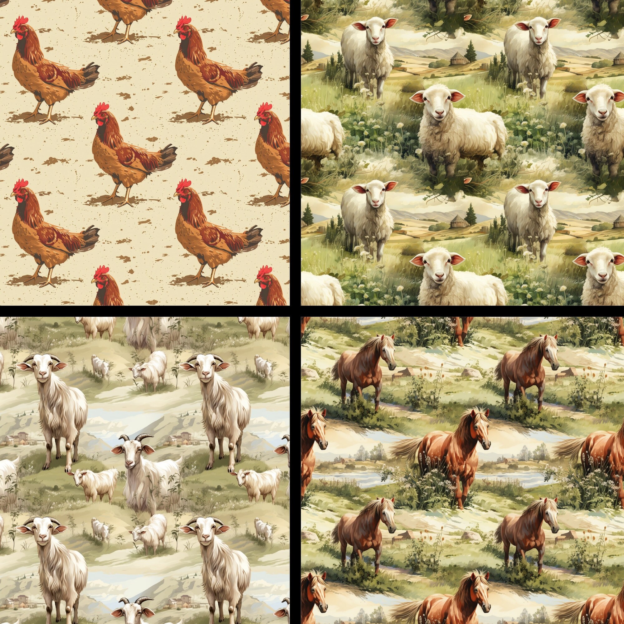 Seamless Farm Digital Paper, Watercolor Cute Farm Animals, Seamless ...