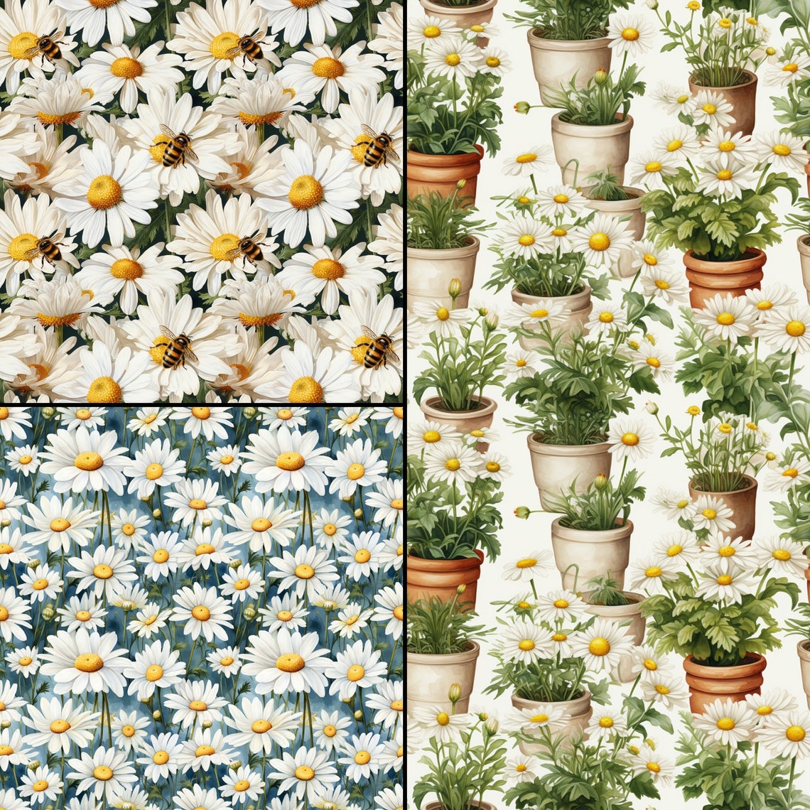 Daisy Digital Paper, Spring Floral Patterns for Scrapbooking, Seamless ...