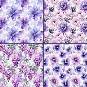 Watercolor Purple Flowers Digital Paper, Floral Pattern, Seamless ...