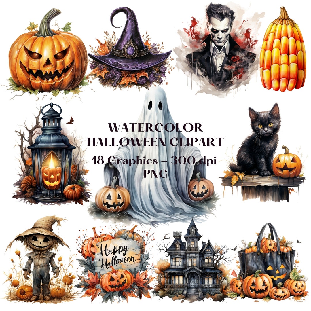 Watercolor Halloween Clipart, Transparent PNG, Spooky Autumn Graphics ...