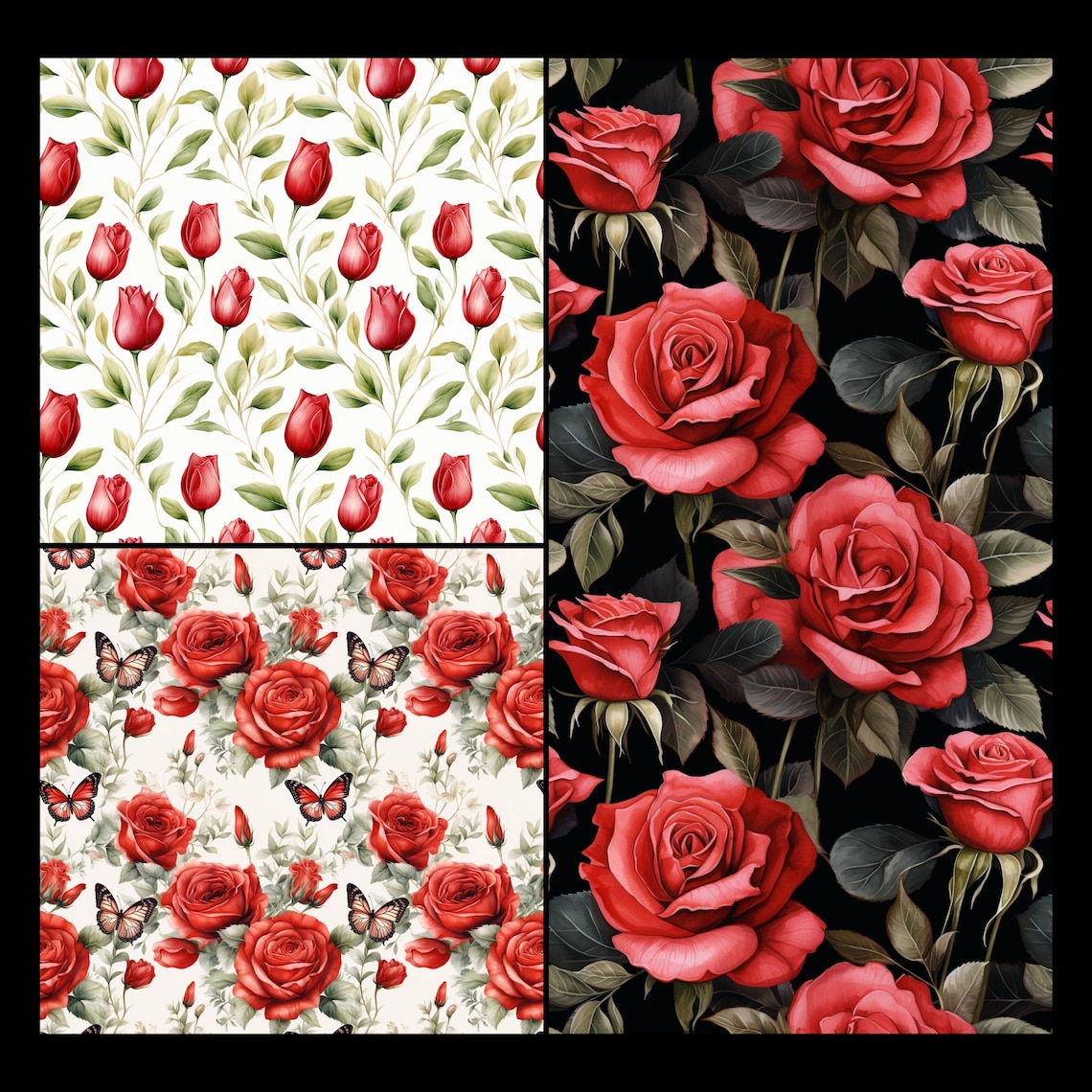 Red Rose Digital Paper, Watercolor Seamless Floral Pattern, Printable ...