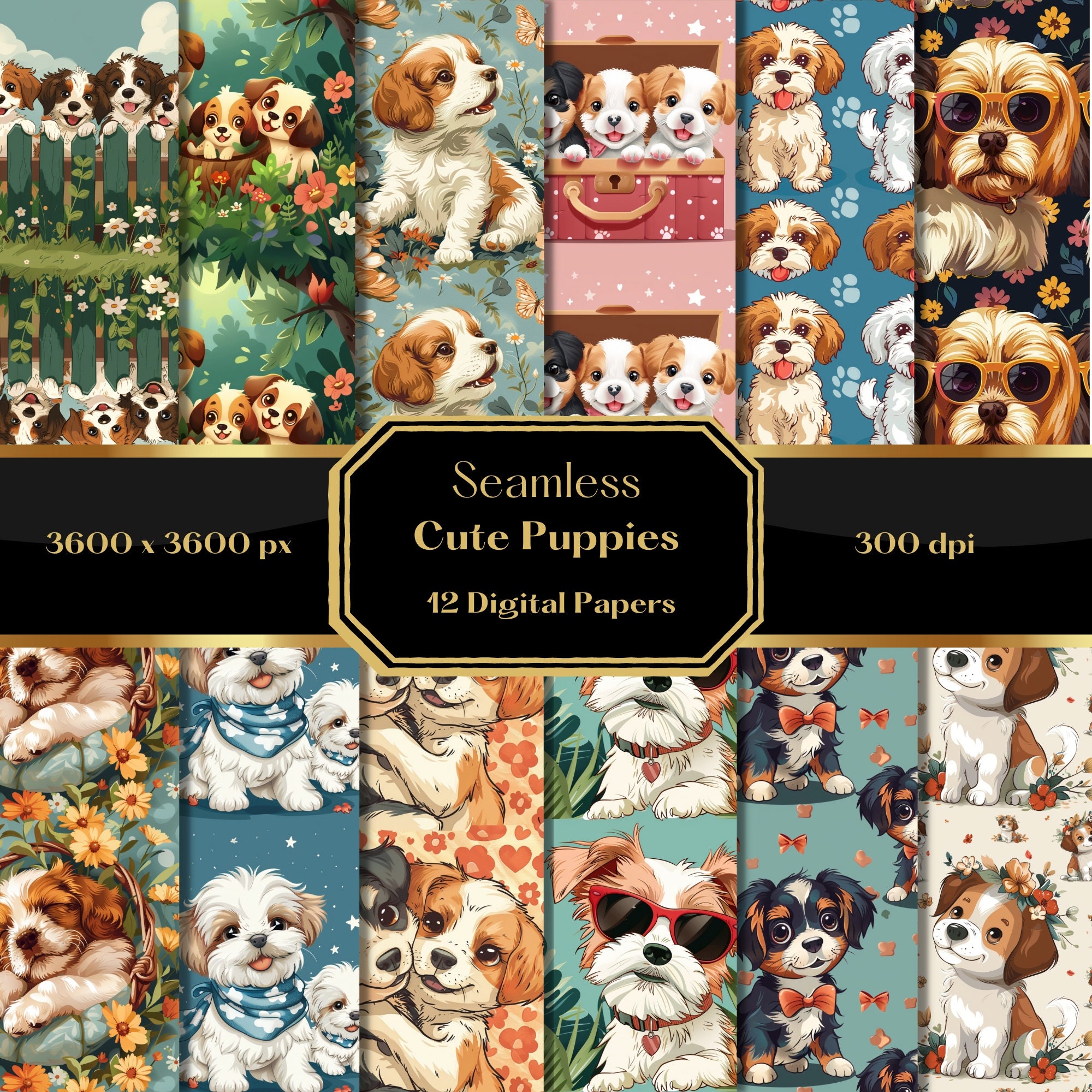 Puppy Digital Paper, Cute Dogs Seamless Pattern, Puppy Background ...