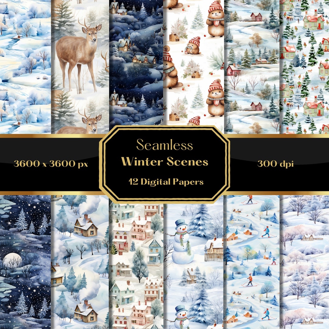 Watercolor Winter Scene Digital Paper, Seamless Pattern Scrapbooking ...
