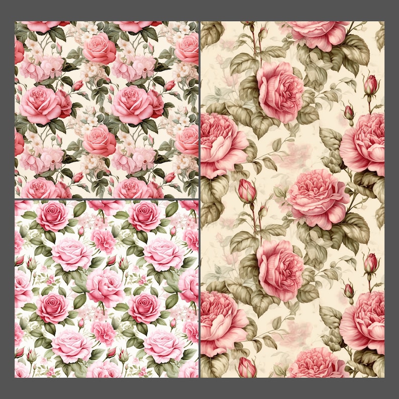 Vintage Pink Rose Digital Paper, Pink Floral Scrapbook Paper ...