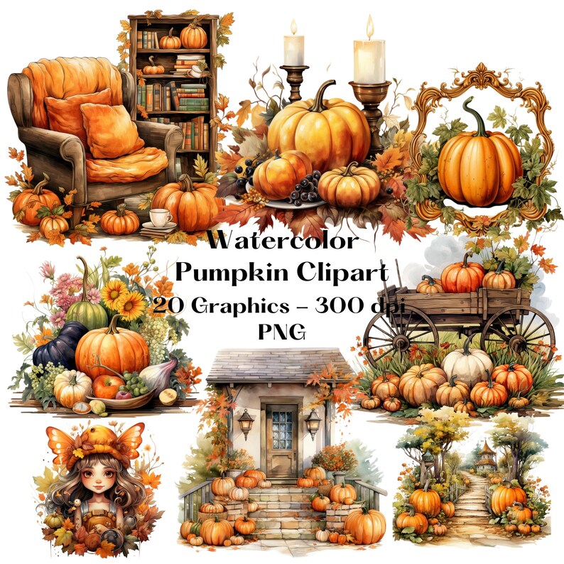 Watercolor Pumpkin Clipart, Halloween Clipart, Autumn Pumpkins, PNG ...