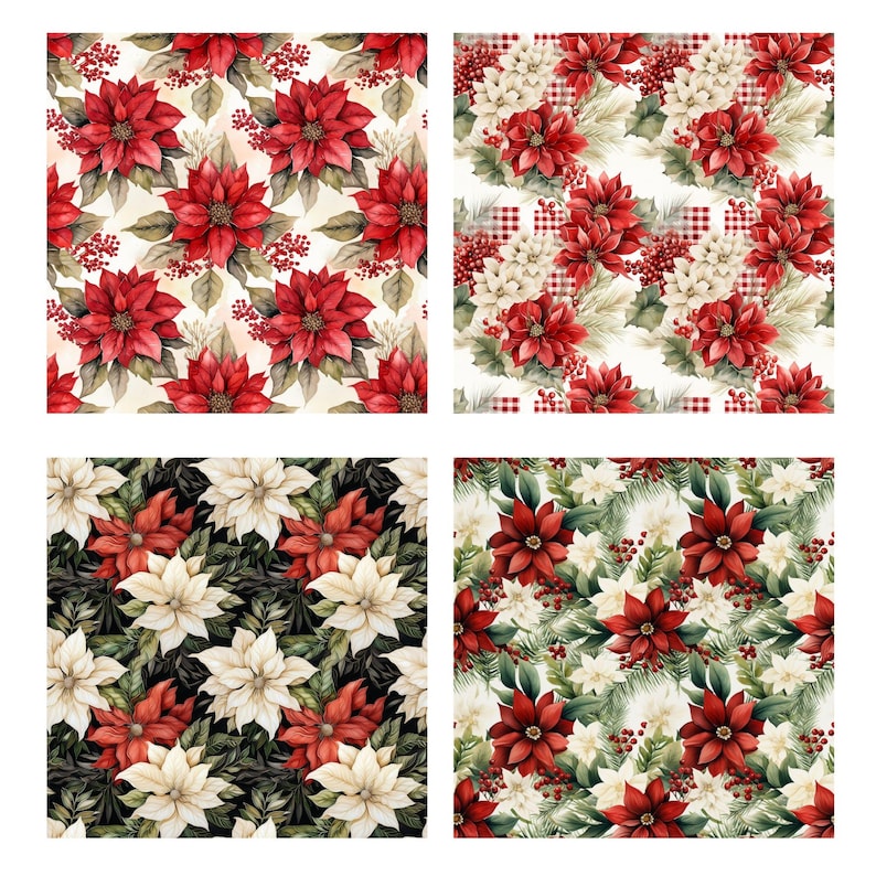 Watercolor Poinsettia Digital Paper, Christmas Floral Digital Paper ...