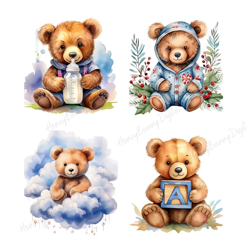 Watercolor Teddy Bear Clipart: Baby Shower PNG (digital Download) - Etsy