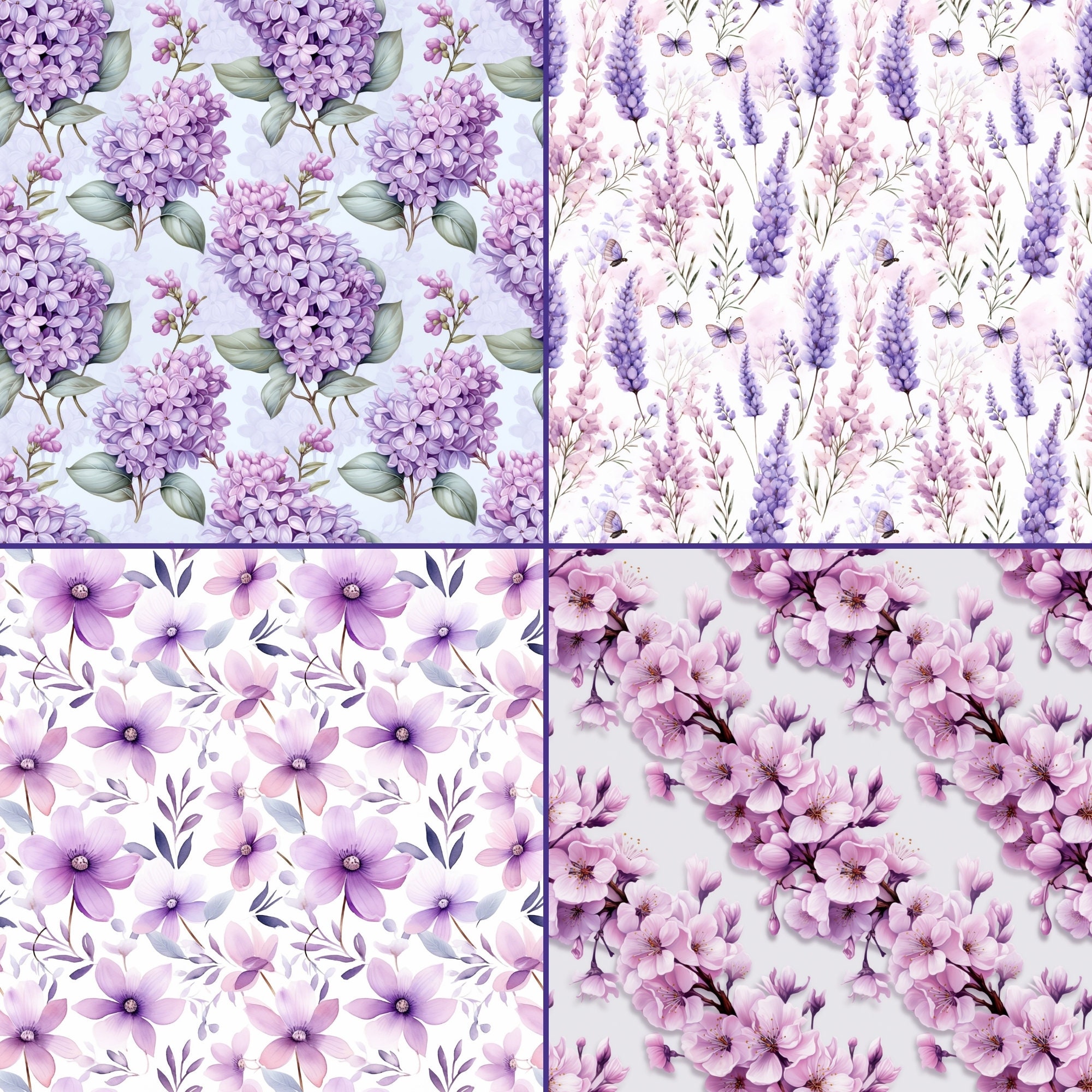 Watercolor Purple Flowers Digital Paper, Floral Pattern, Seamless ...