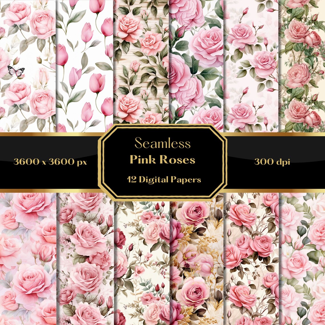 Watercolor Pink Rose Digital Paper: Seamless Floral Backgrounds ...