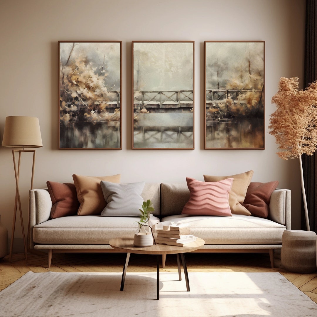 Bridge 3 Piece Vintage Wall Art, Bridge With Trees Set of 3 Prints ...