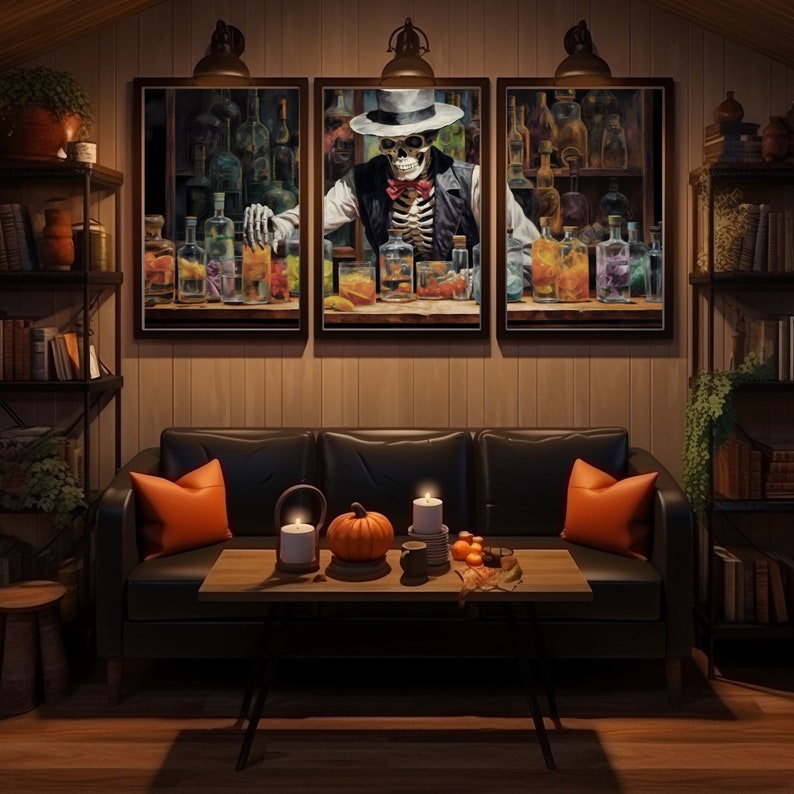 Skeleton Bartender 3 Piece Vintage Wall Art, Skeleton Set of 3 Prints ...