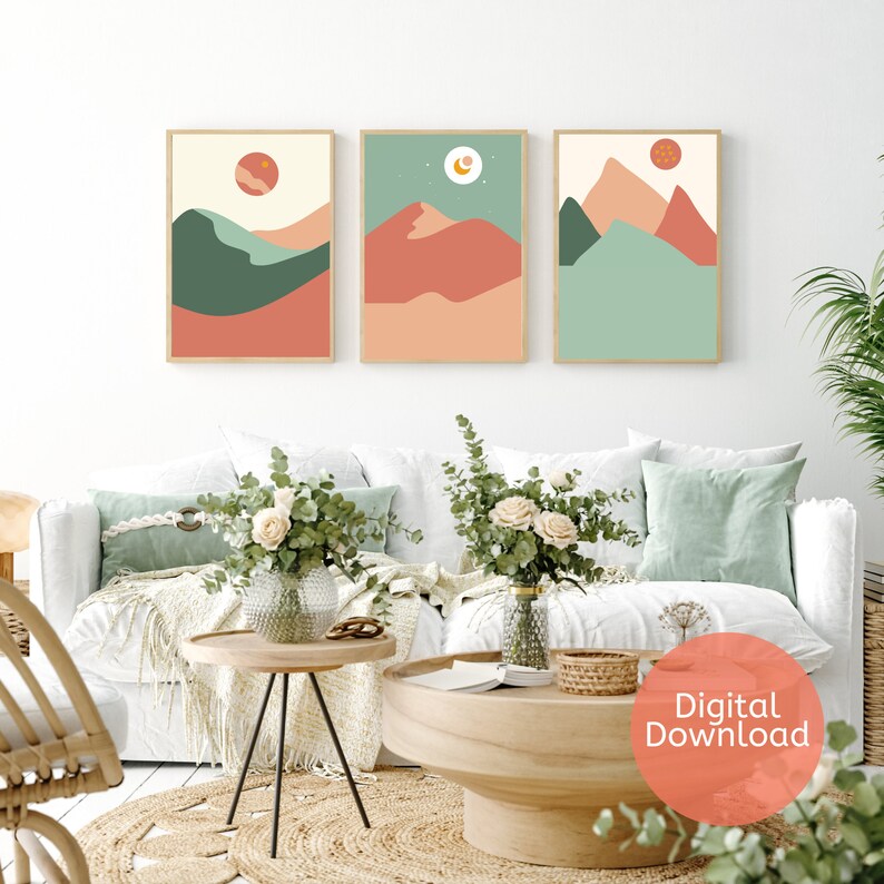 Set of 3 Boho Mountains Sunset Prints Gift Wall Art Decor Terracotta ...