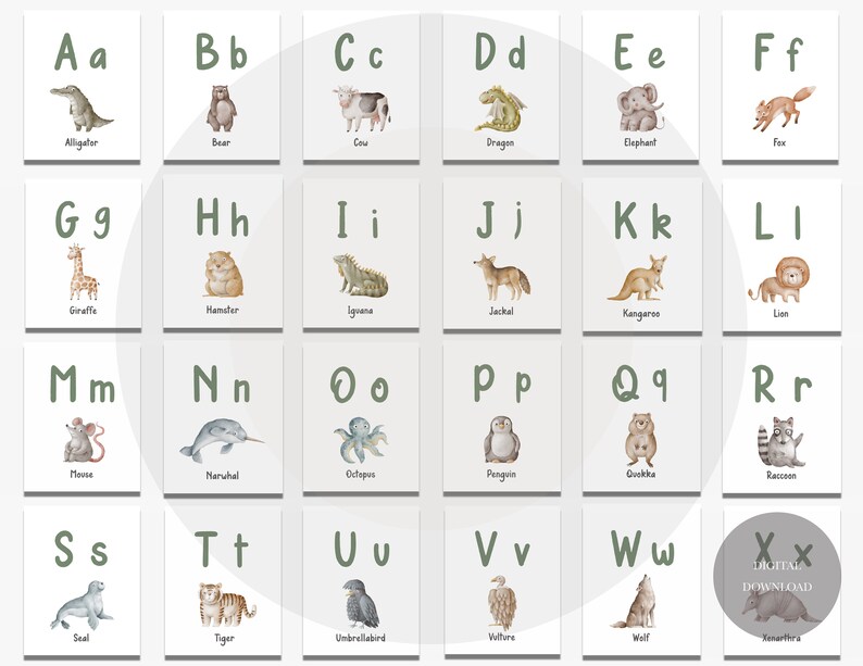 Printable Set of 26 Animal Alphabet Flashcard,digital Download, Kids ...