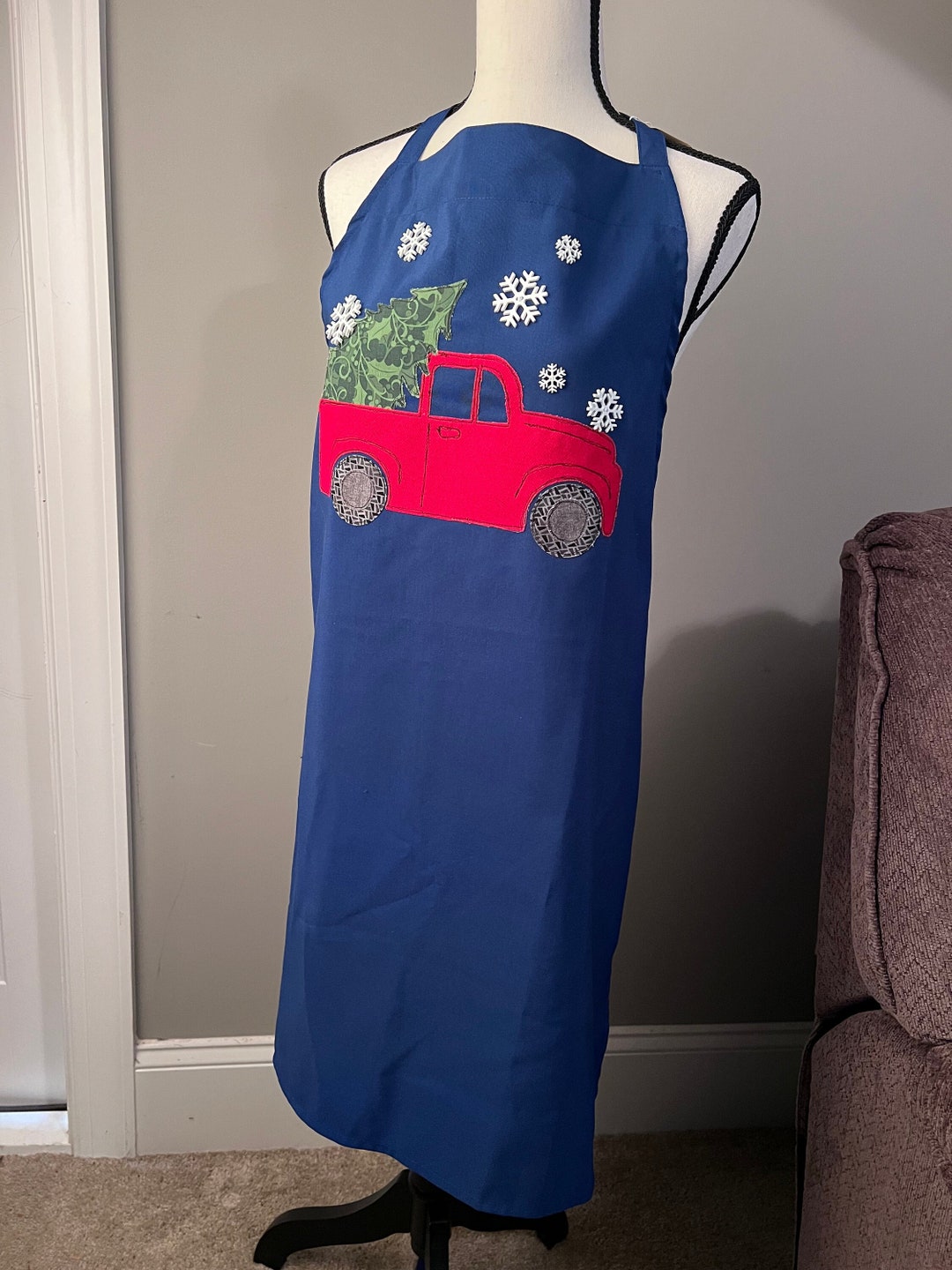 Apron With Raw Edge Appliquéd Red Pick-up Truck bringing Home the Tree ...