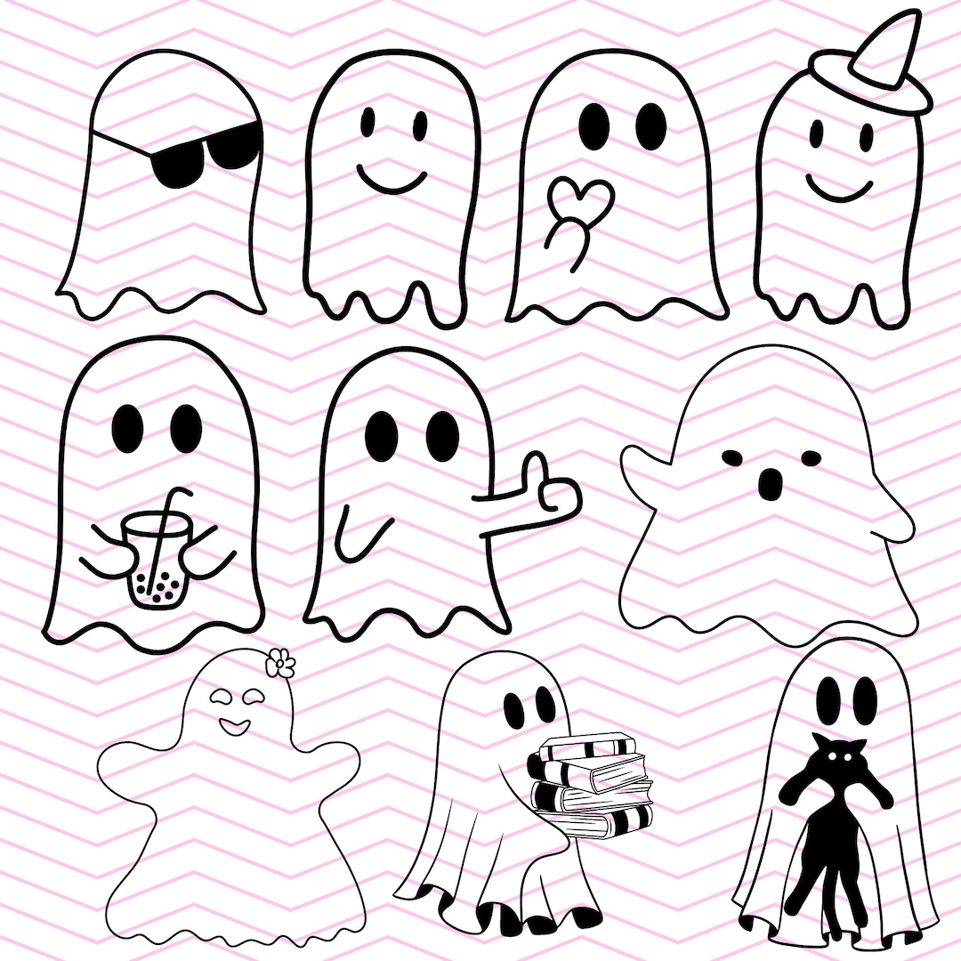 10 Cute Ghost Bundle SVG + PNG, 10 Ghost Silhouette SVG, Transparent ...