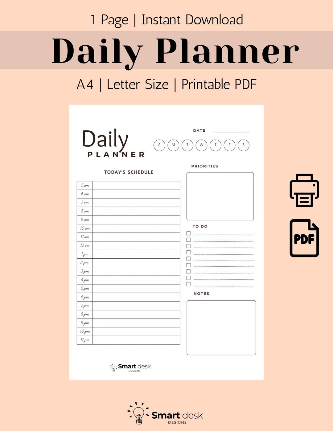 Daily Planner Printable – Hourly Schedule 5AM–11PM, To-do List ...