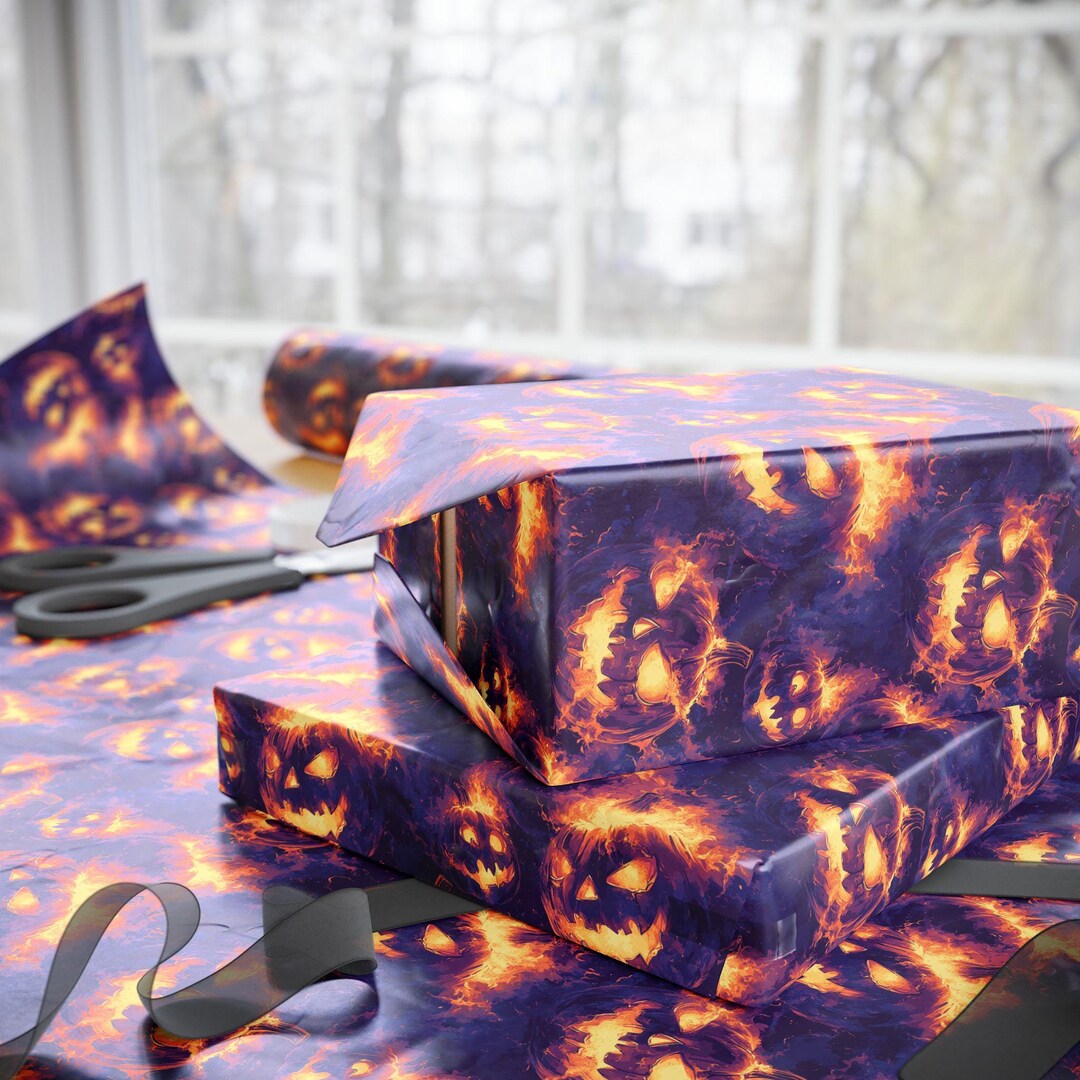 Flaming Jack-o'-lantern Wrapping Paper | Scary Halloween Pumpkins With ...