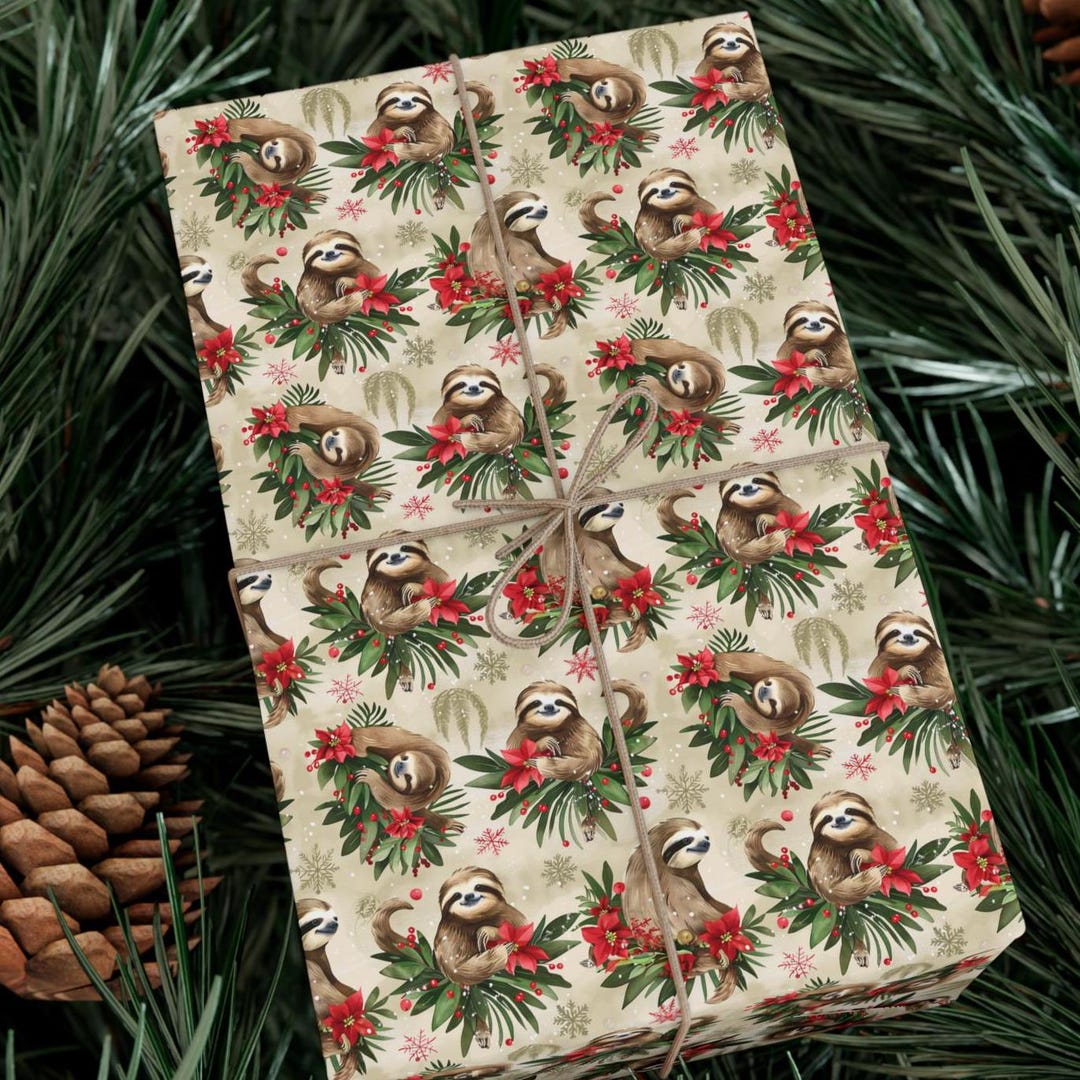 Adorable Sloth Christmas Wrapping Paper With Poinsettias and Greenery ...