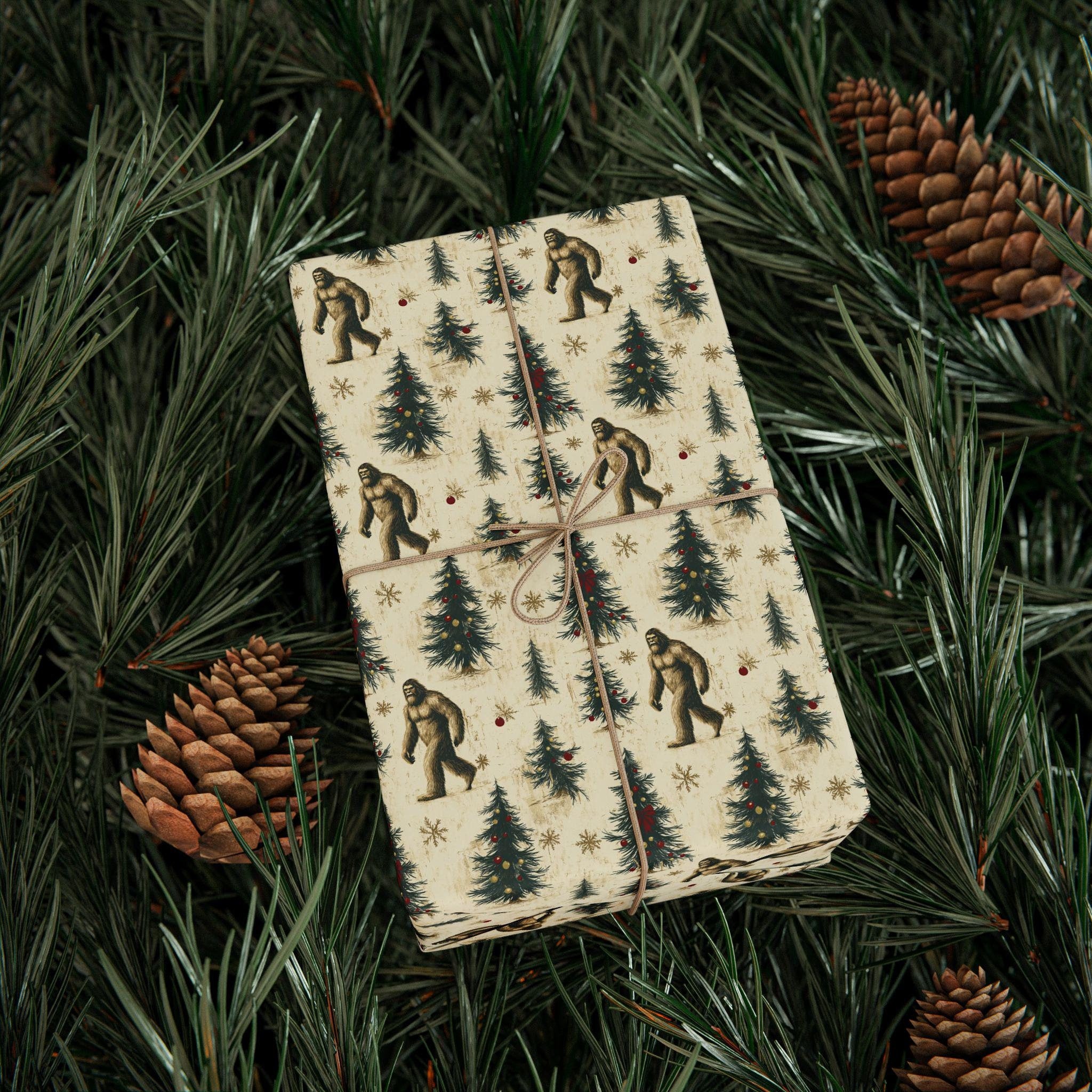Bigfoots Winter Wonderland Wrapping Paper | Bigfoot Among Holiday Trees ...
