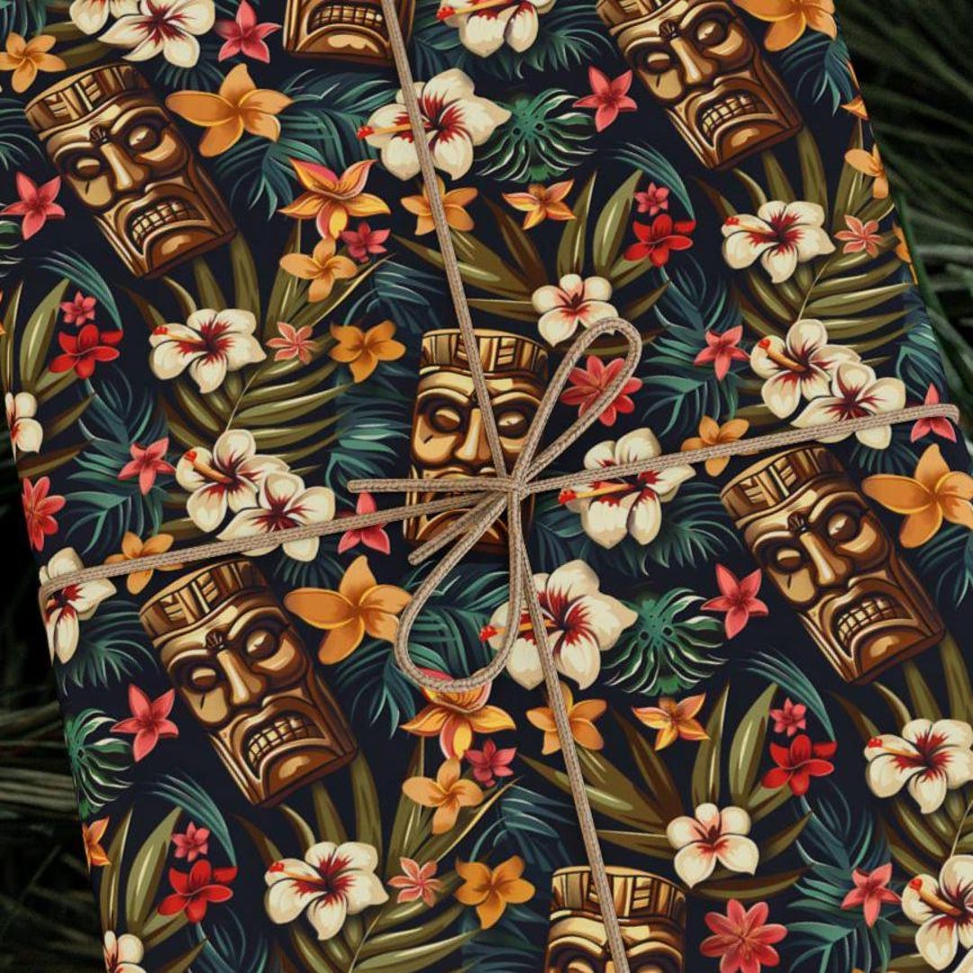 Tiki Trouble Wrapping Paper Roll | Tropical Tiki Mask Gift Wrap With ...