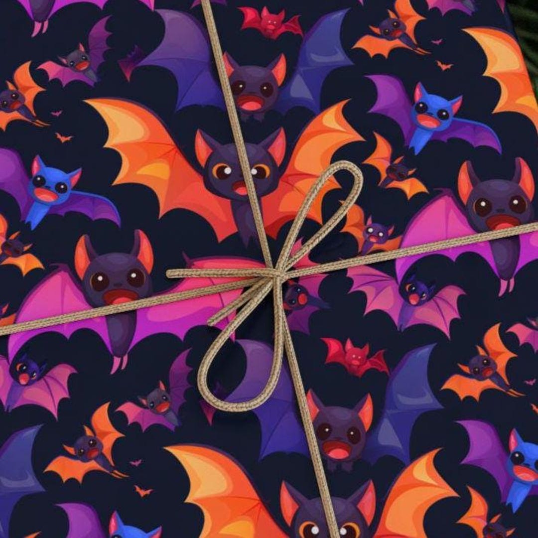 Adorable Bat Party Wrapping Paper, Colorful Bats on Dark Background ...
