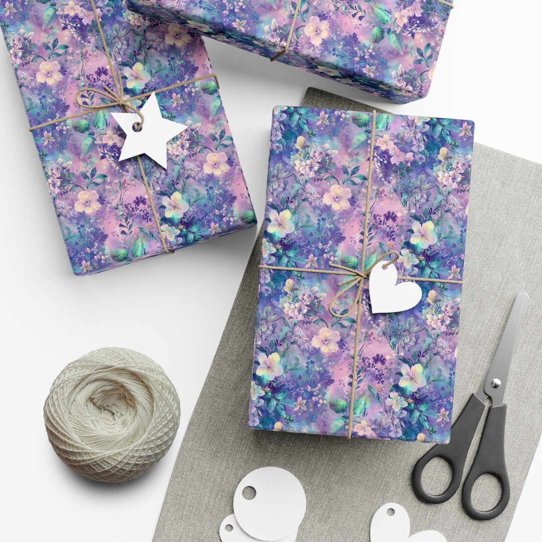 Fairycore Menagerie Wrapping Paper Pastel Plants & Flowers on Lilac ...