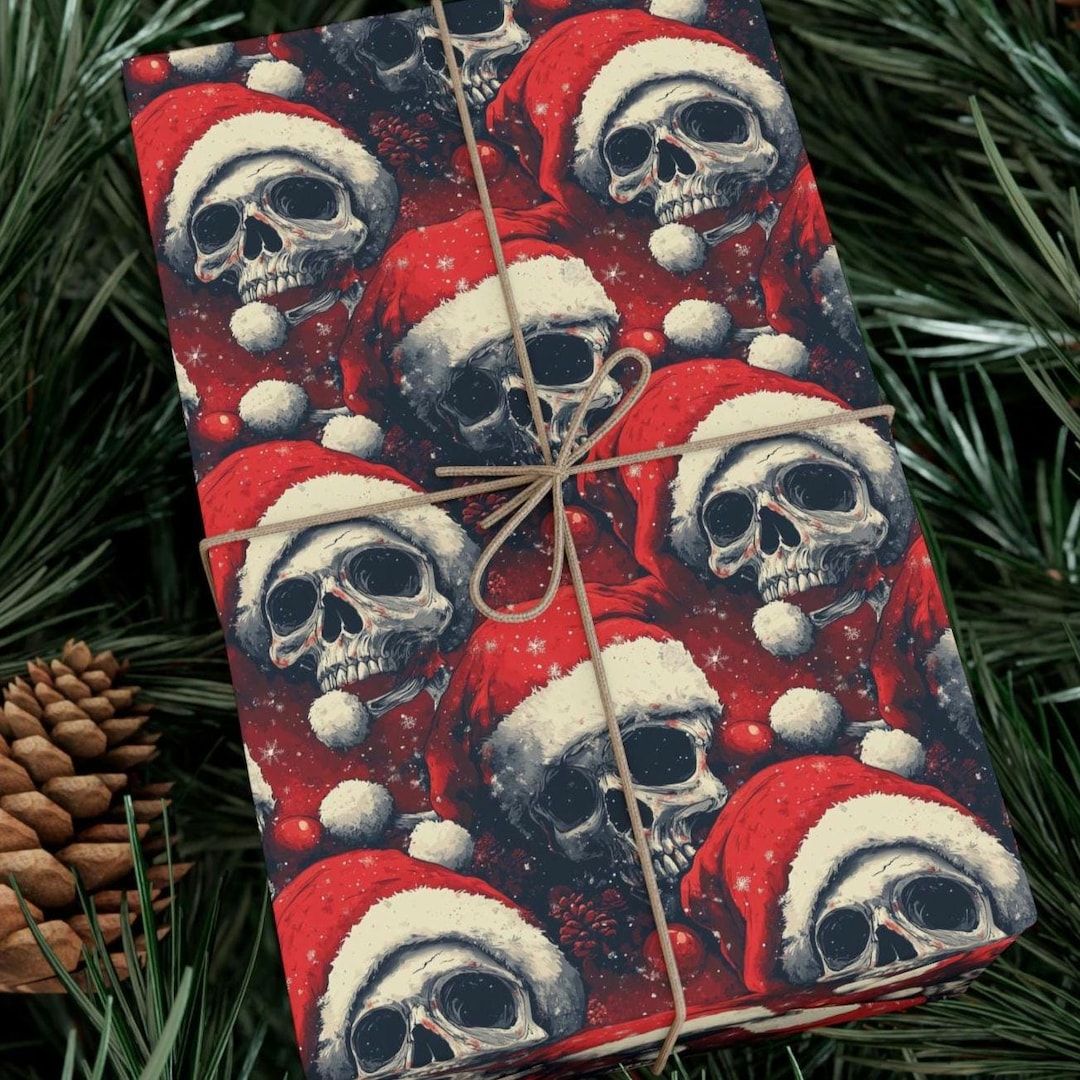 Skulls of Christmas Past Wrap, Santa Skull Holiday Wrapping Paper ...