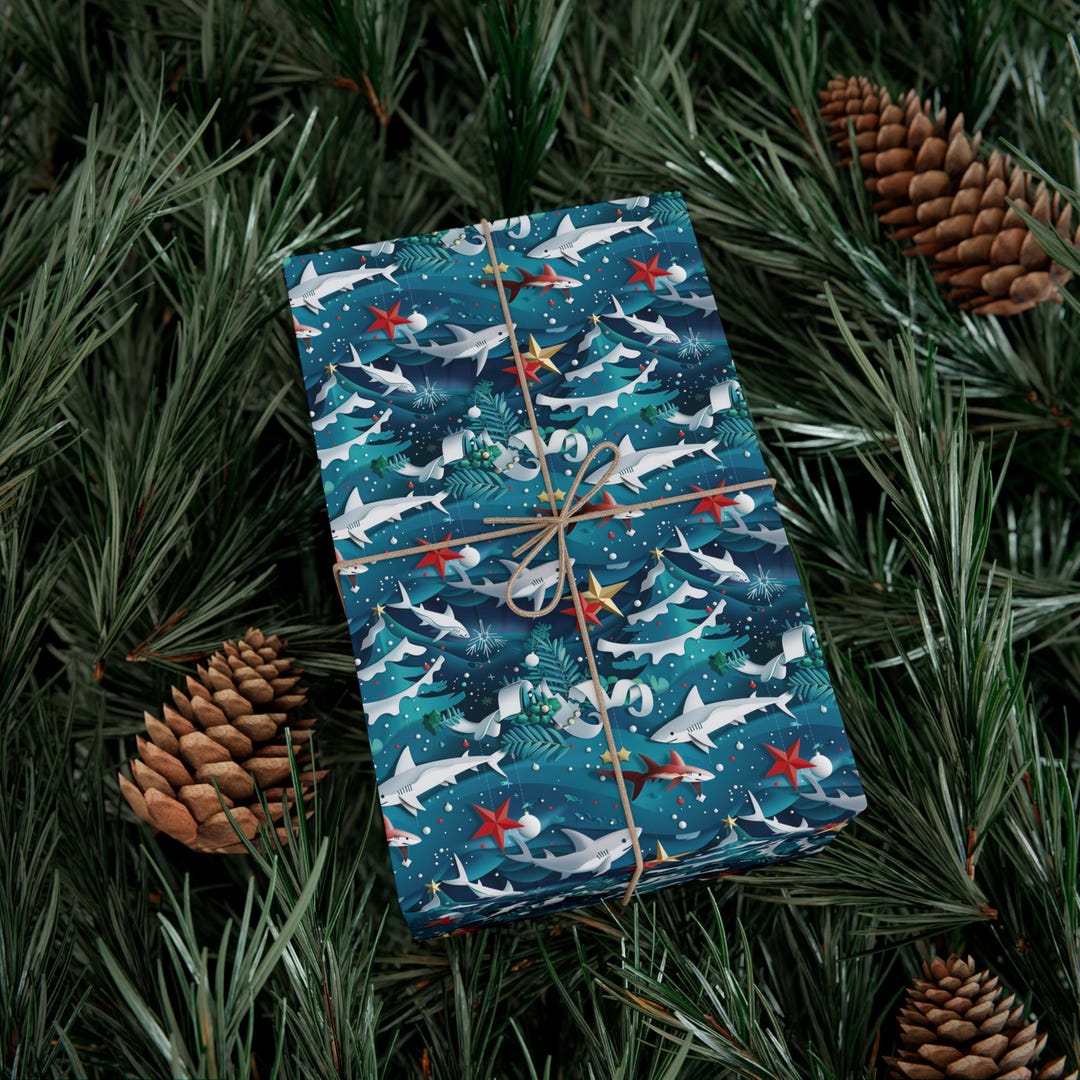 Festive Christmas Sharks Wrapping Paper, Underwater Holiday Gift Wrap ...