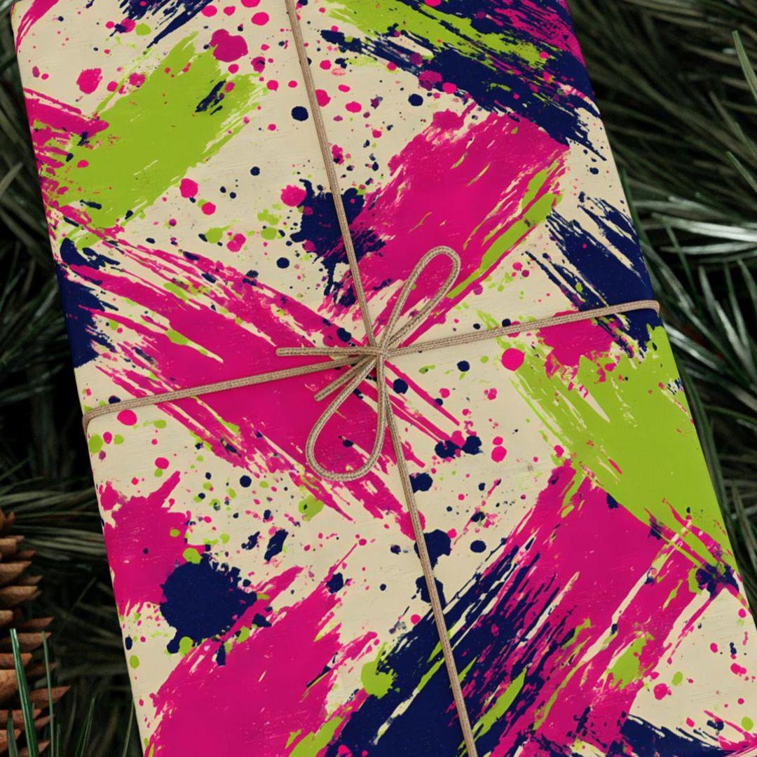 Neon Splat Wrapping Paper Roll | Retro 80s Paint Splash Gift Wrap With ...