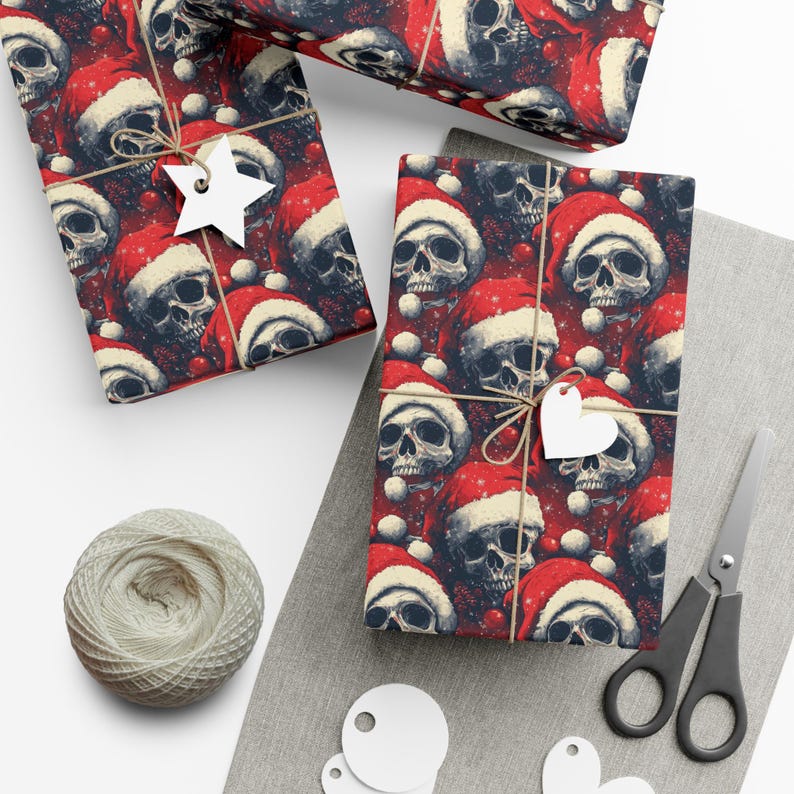 Skulls of Christmas Past Wrap, Santa Skull Holiday Wrapping Paper ...